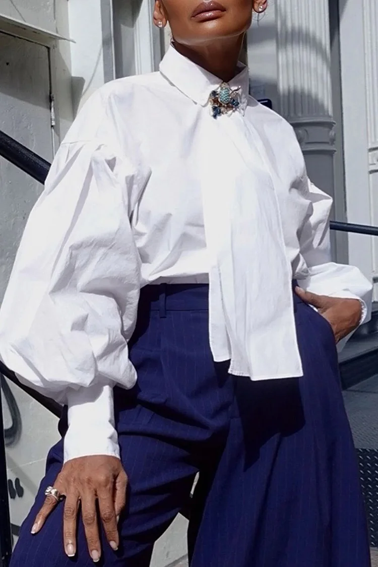 Plus Size Business Casual White Shirt Collar Lantern Sleeve Long Sleeve ...