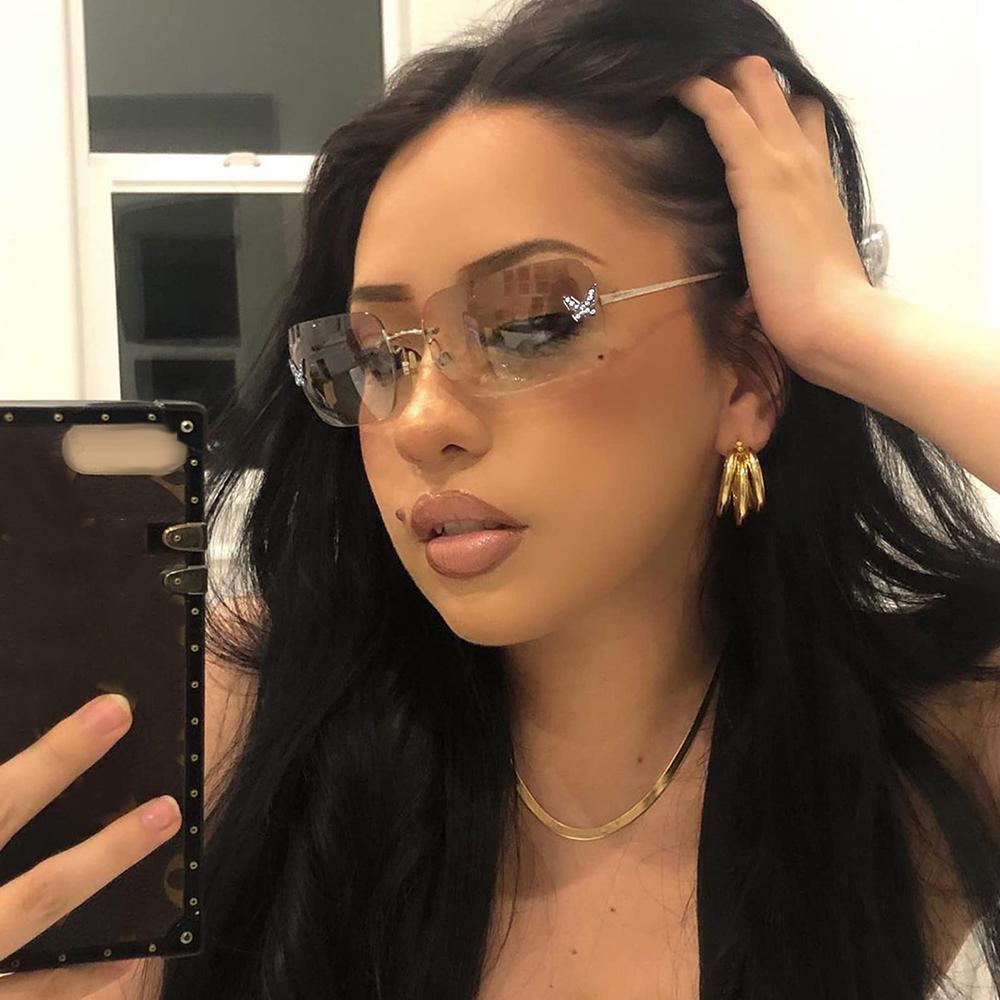 1PC Rhinestone Butterfly Y2K Sunglasses for Women Retro Rimless ...