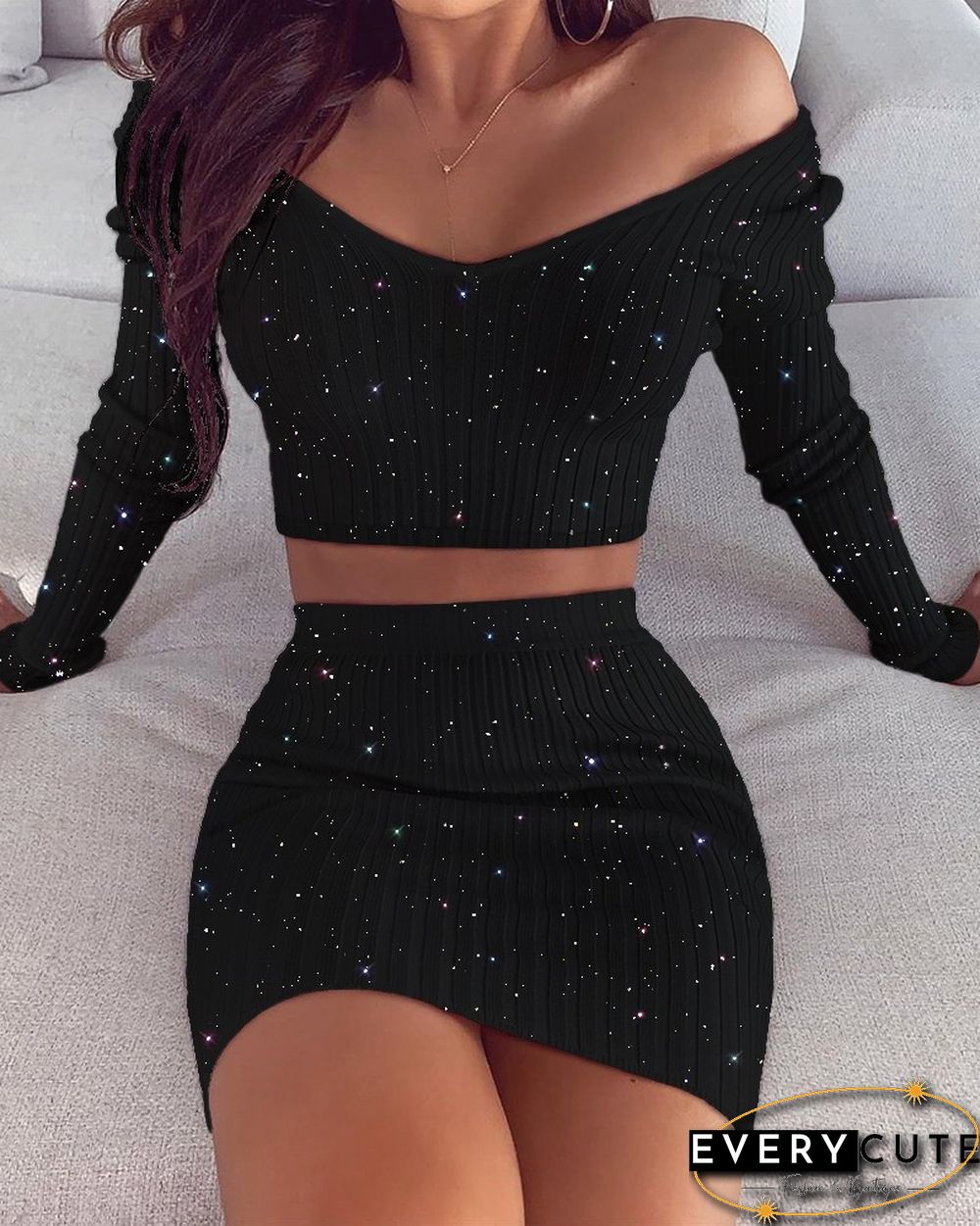 Glitter Off Shoulder Crop Top And Skirt Sets