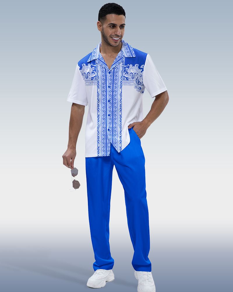 Blue Embroidered Print Design 2-Piece Walking Set