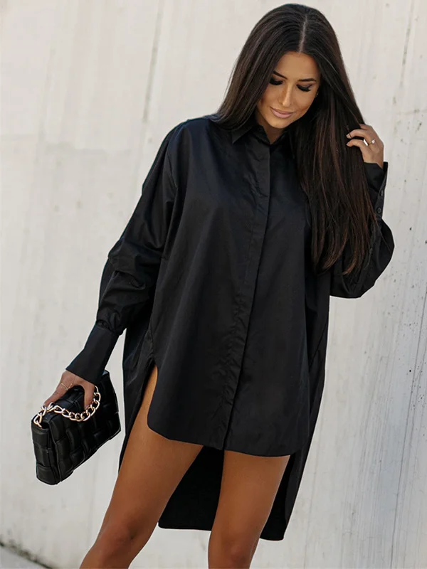 Urban Chic: Long Sleeves High-Low Solid Color Lapel Collar Blouses