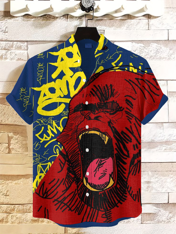 Men's Graffiti Roaring Gorilla Color Block Art Print Shirt