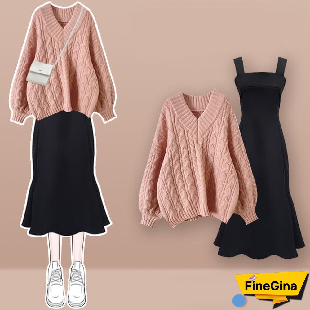 FineGina V-neck Cable Sweater Fishtail Slip Dress Two Pieces Set
