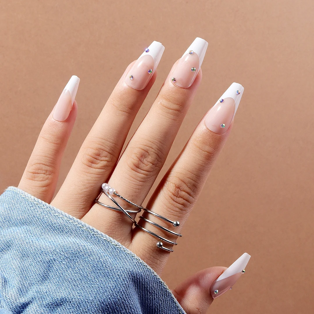 Churchf False Nails with glue flower design Long Coffin French ...