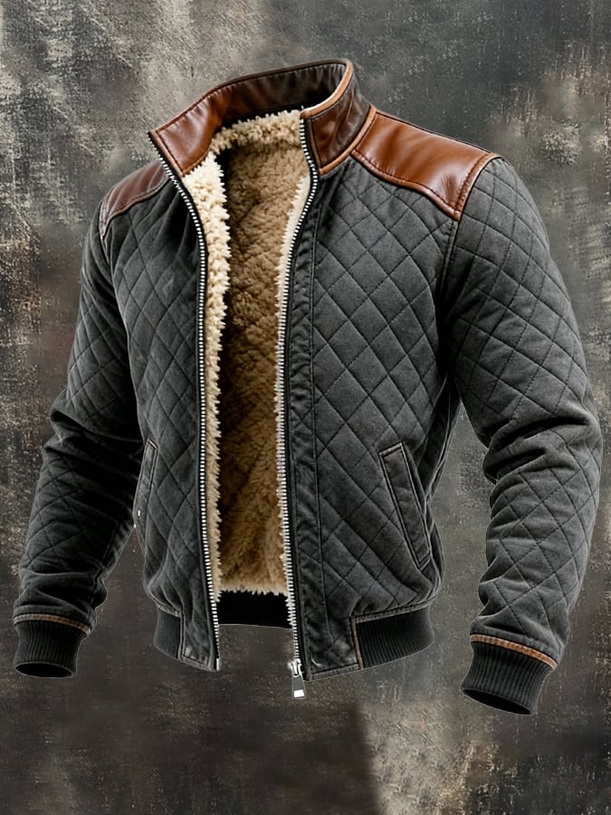 Men's Retro Quilted Leather Outerwear Jacket with Insulation and Zipper