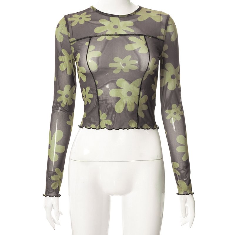BLACK YELLOW FLORAL LONG SLEEVE MESH TOP