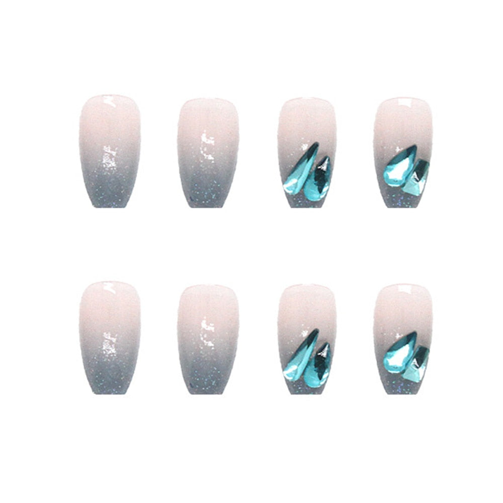 Gradient Blue False Nails French Long Press On Nails with Shiny Diamond ...