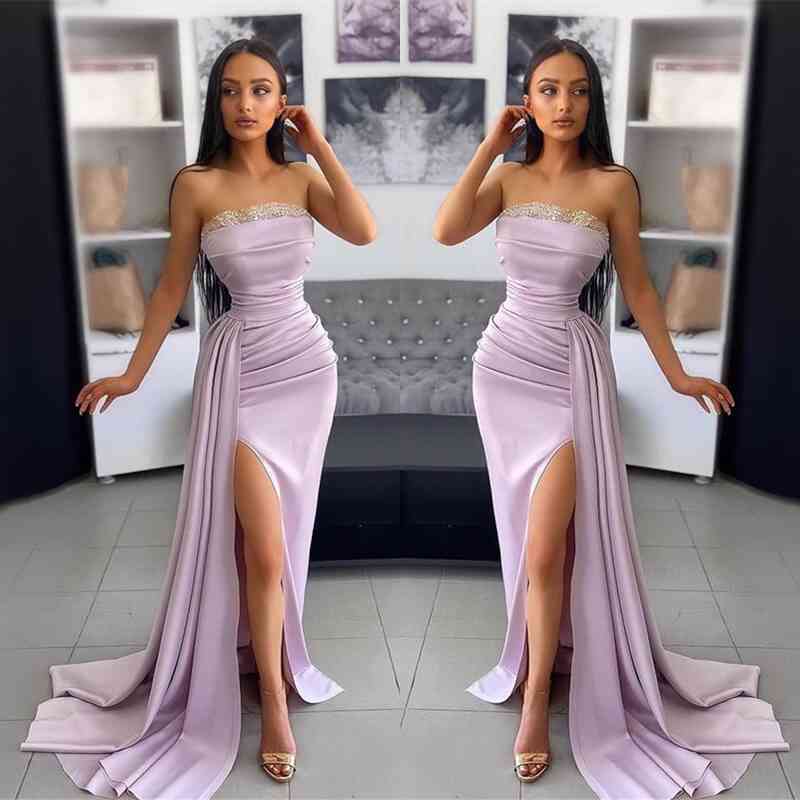 Daisda Purple Strapless Mermaid Side Split Prom Dress Ruffles With ...