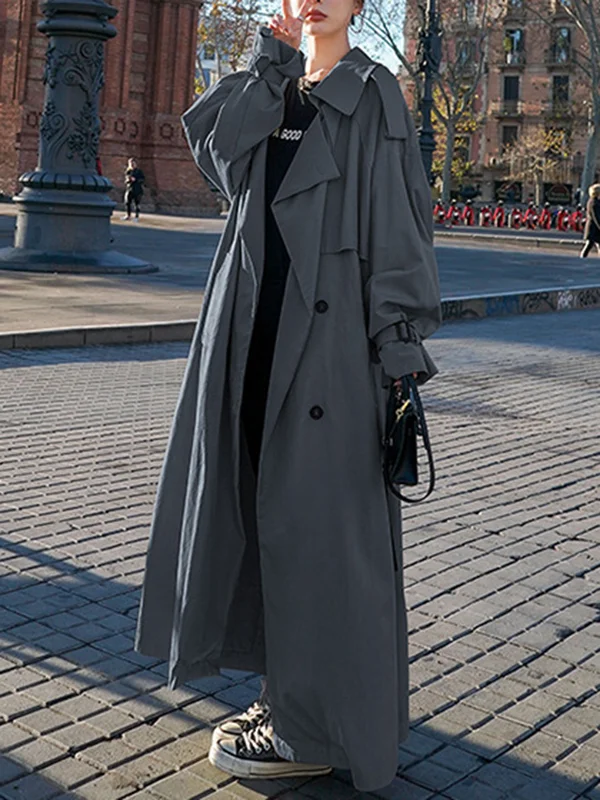 Buckle-Embellished Trench Coat with Split-Back and Lapel Collar