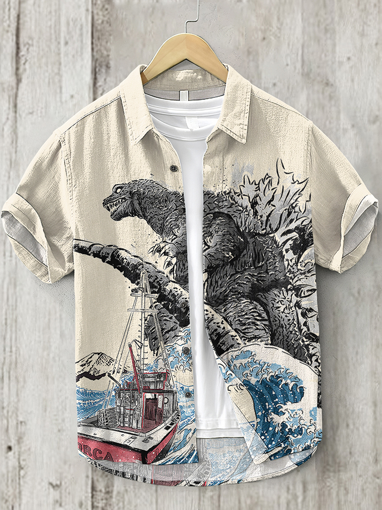 Funbibi Men's Japanese Ukiyoe Wave And Monster Art Short Sleeved Linen ...