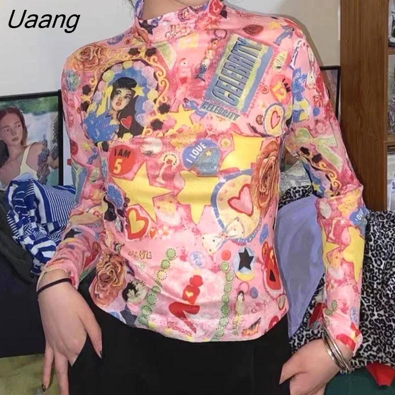 Uaang Y2k Aesthetics Mesh Tops Fairycore Graphic T Shirts See Through