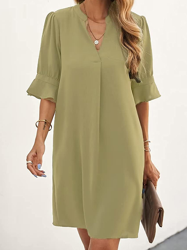 Elegant A-Line V-Neck Mini Dress with Flared Sleeves and Ruffled Pleats