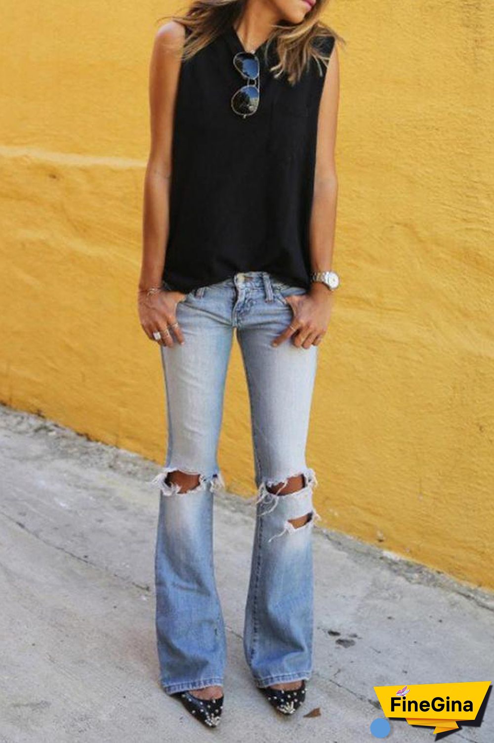 FineGina Low Waist Ripped Casual Flared Jeans P13421