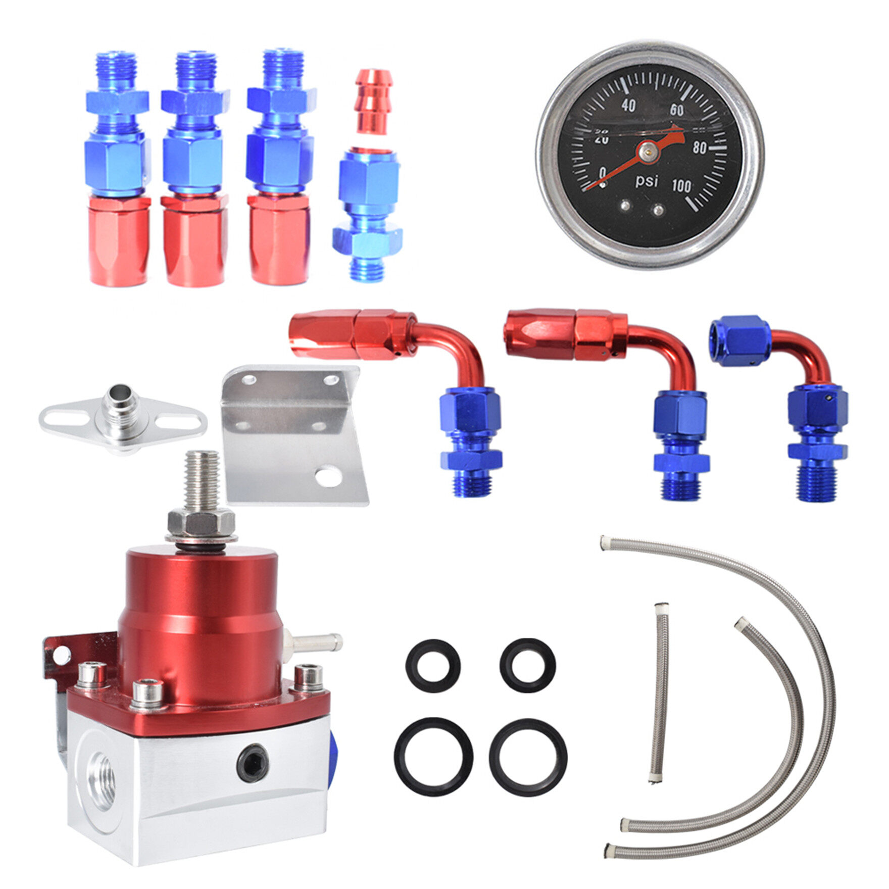 0-100 Psi Blue Red Universal Fuel Pressure Regulator Kit with Gauge and ...