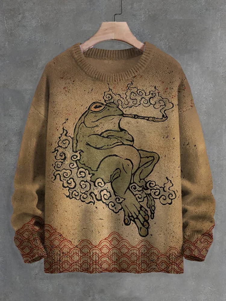 Men's Japanese Retro Smoking Frog Art Print Knit Crew Neck Sweater
