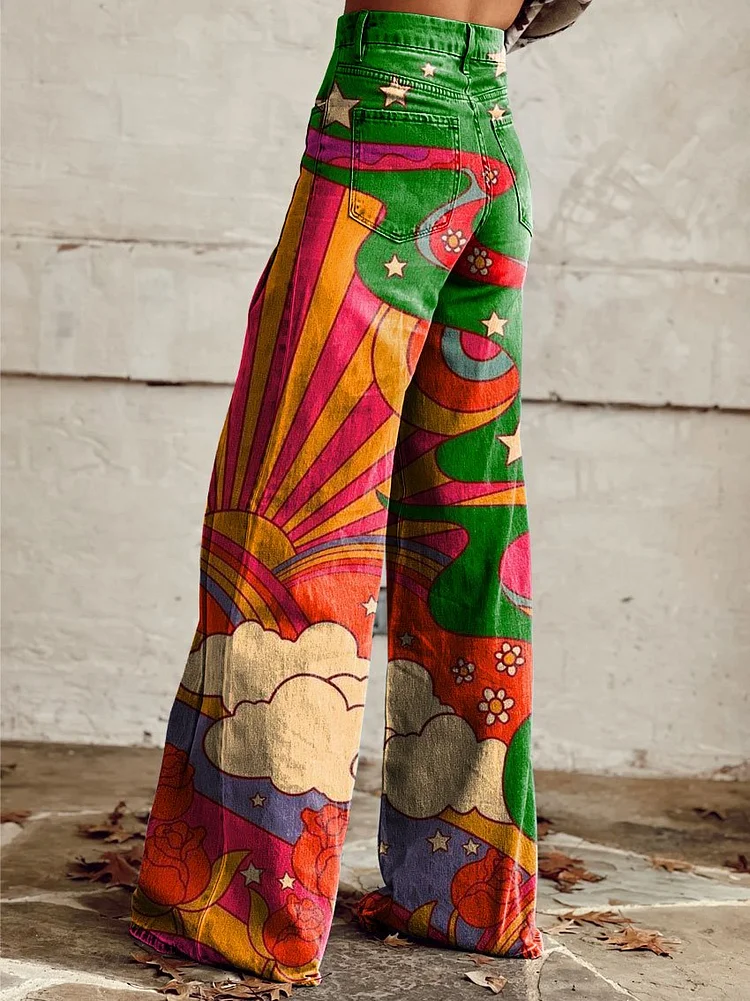 Women's Vintage Print Casual Wide Leg Pants