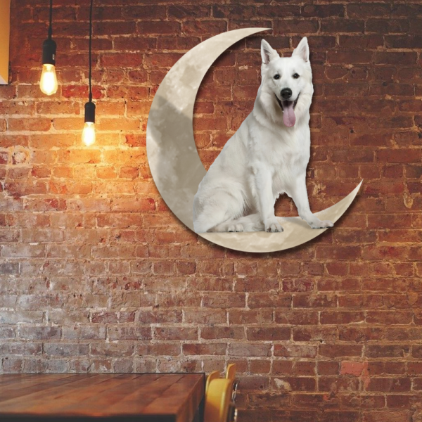 White German Shepherd Dog And Moon Hanging Metal Sign