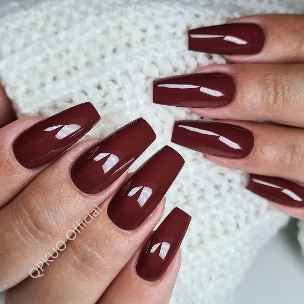 Churchf Shiny Long Ballerina Coffin Fake Nails With Jelly Glue Dark ...