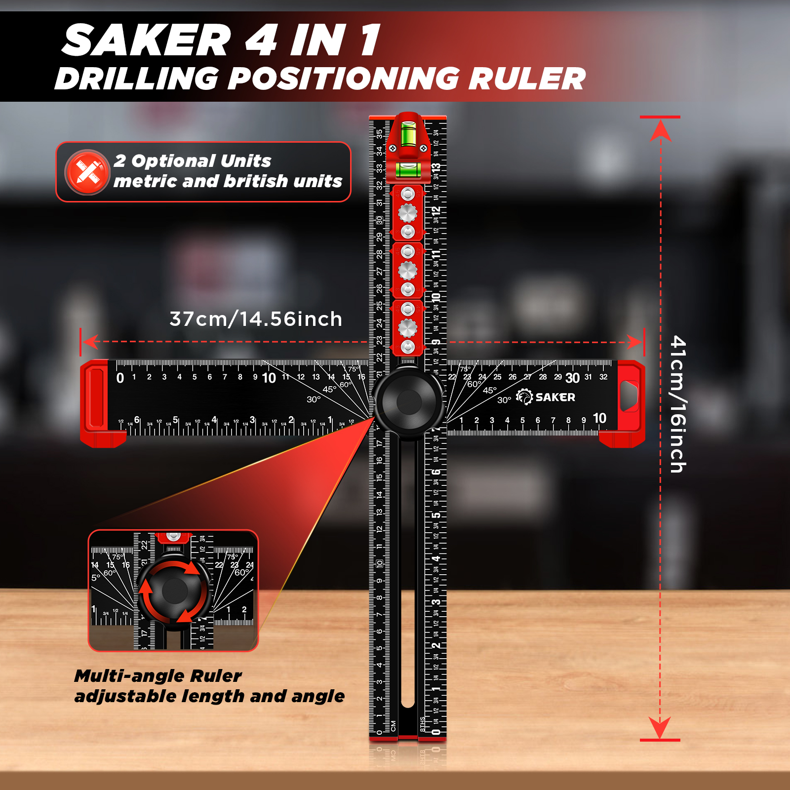Saker 4 in 1 Black Drilling Positioning Ruler