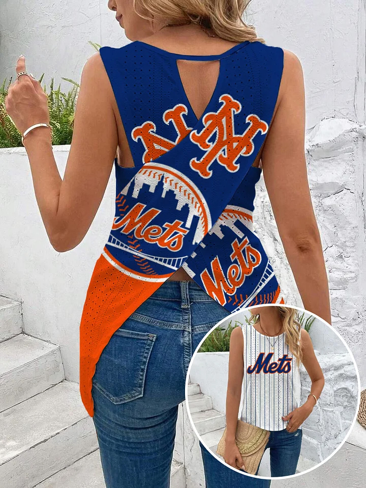 Mets Cut Out Wrap Cross Wrap Back Asymmetrical Hem Tank Top