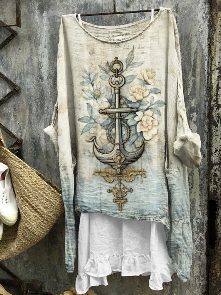 Vintage Anchor Floral Ocean Gradient Linen Tunic 28.99