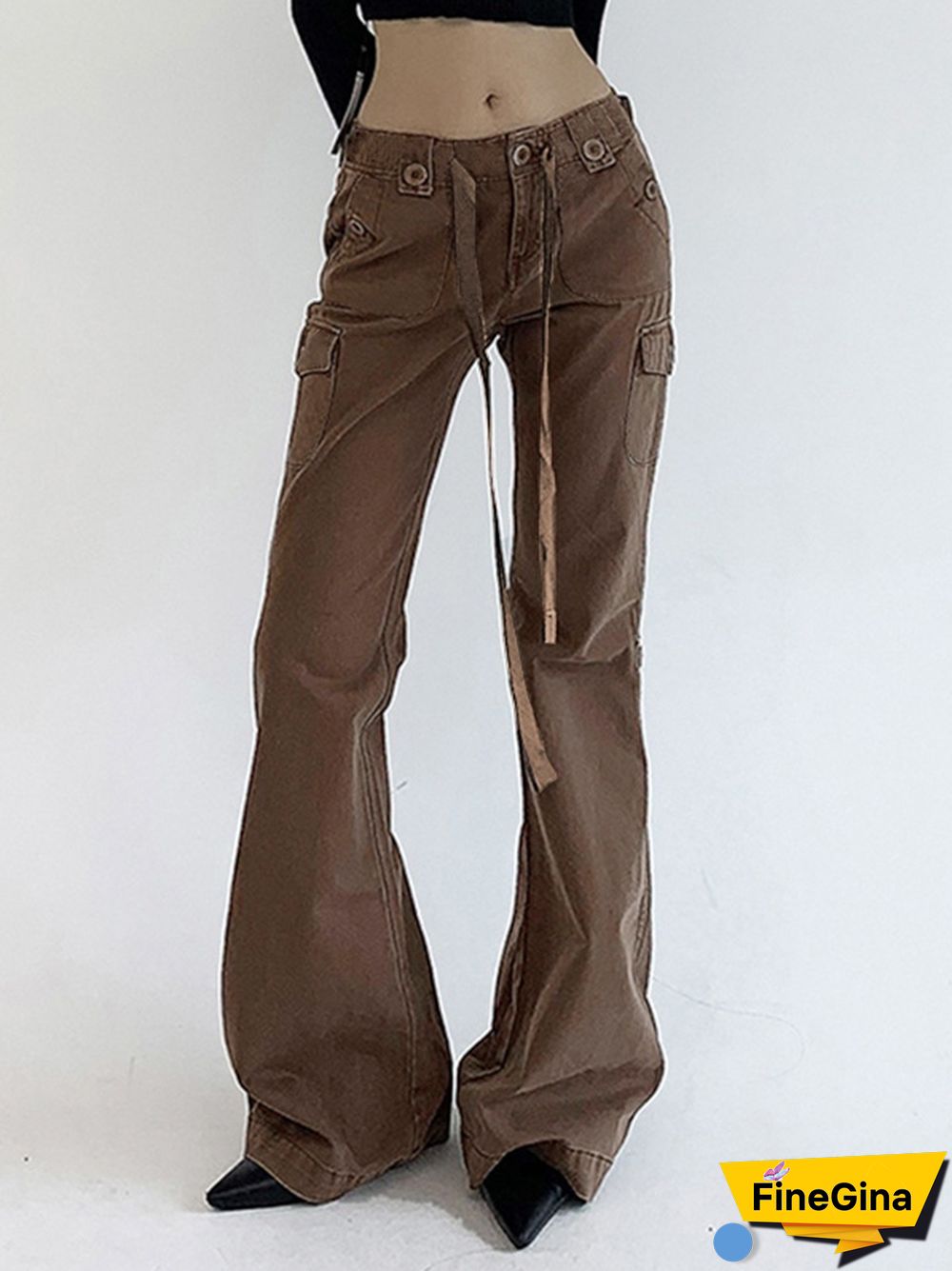 FineGina Vintage Brown Button Lace Up Flare Jeans