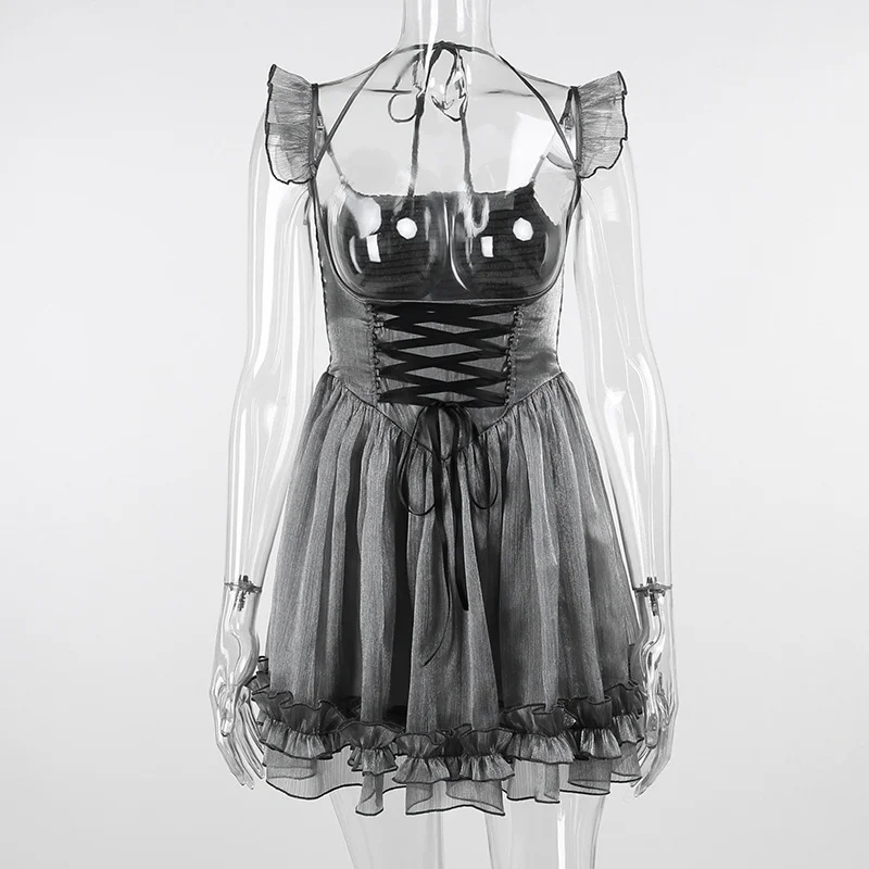 OPEN BACK MESH STRAP PUFFY DRESS