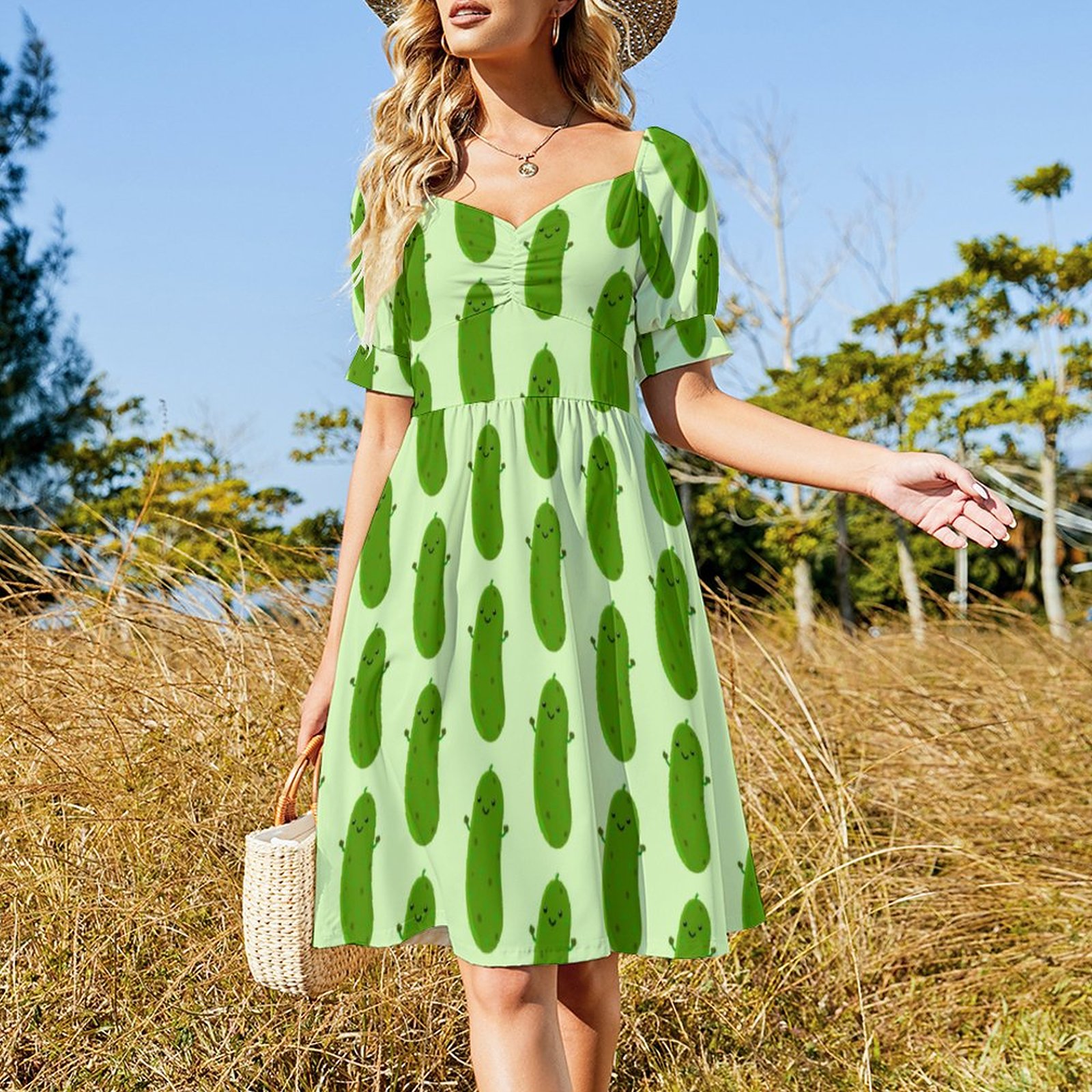 SFNEEWHO Cute Happy Pickle Cartoon Illustration Dress Women Boho High ...