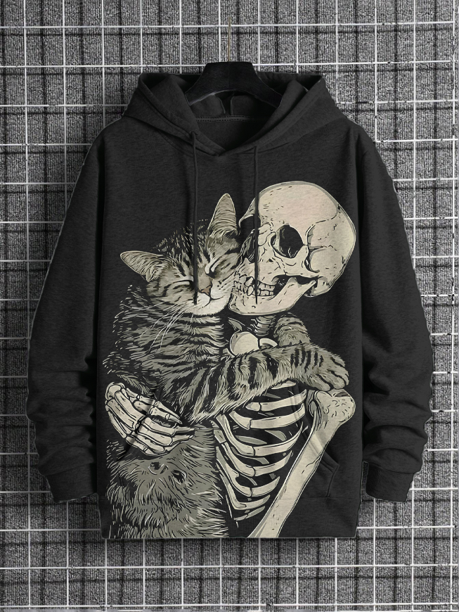 Men's Cat And Skeleton Hug Art Print Hooded Sweatshirt
