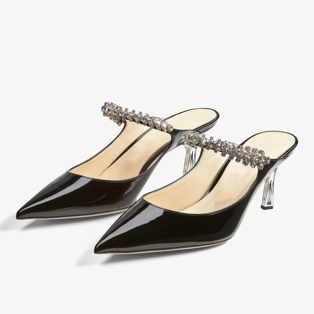 Black Patent Leather Pointed Toe Kitten Heel Rhinestone Strap Mules