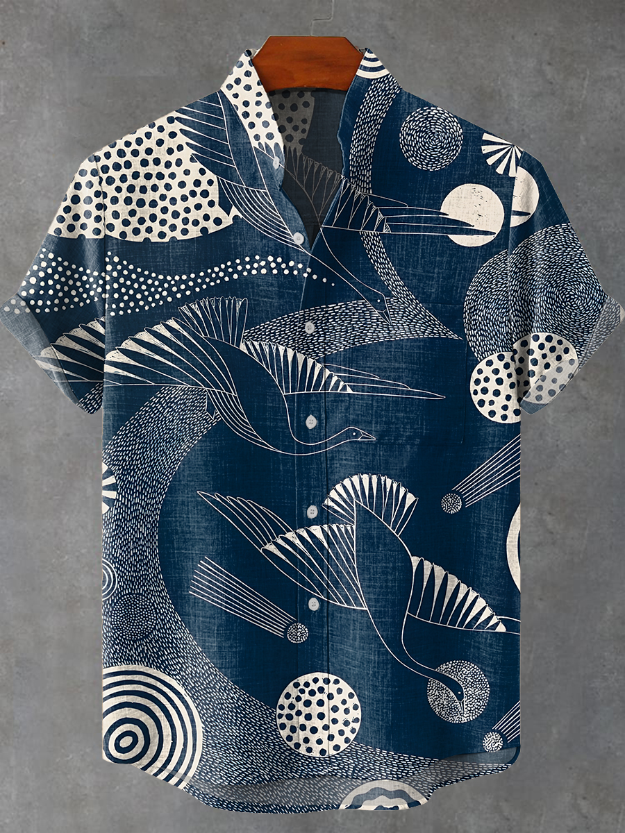 Japanese geometry bird Vintage Print Casual 100% Cotton Shirt