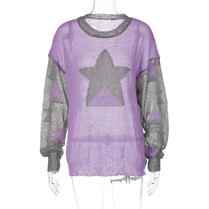 CONTRAST STAR PATTERN HOLLOW OUT THIN KNIT TOP