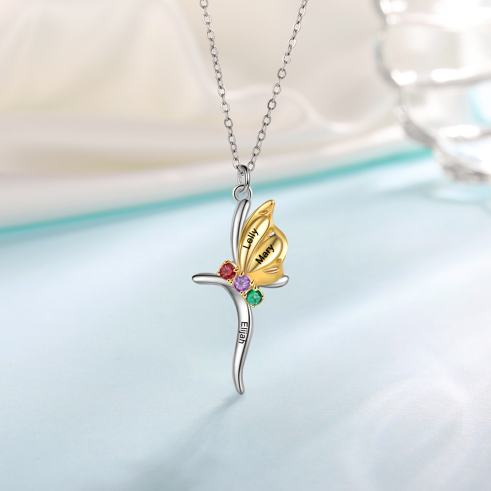 Gravur 3 Namen Kreuz Schmetterling Halskette mit 3 Geburtssteinen Kette