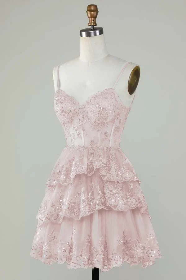 Elegant Spaghetti Straps Tulle Tiered Homecoming Dress Lace Corset ...