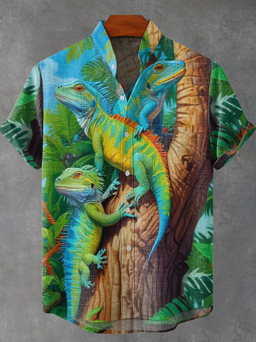 Three Lizards Decorative Pattern Casual 100% Cotton Shirt