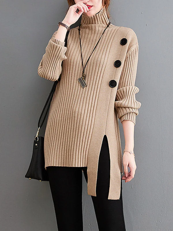 Urban Buttoned Split-Side Asymmetric Split-Joint High-Neck Sweater