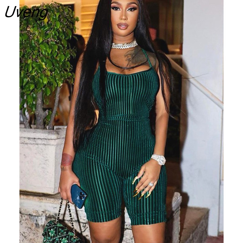 Uveng Velvet Fabric Women Halter Neck Rib Jumpsuit Short Backless ...