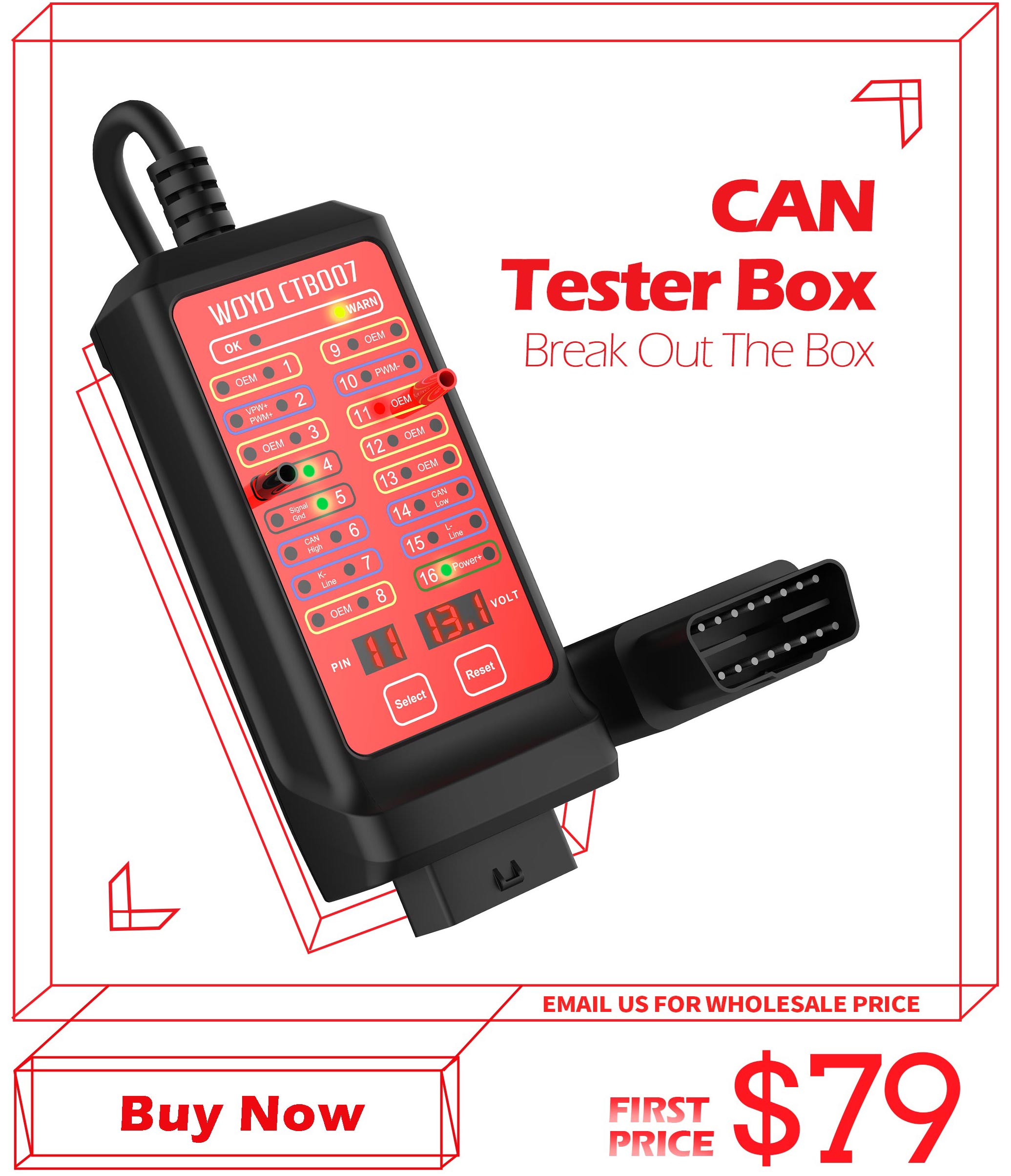 WOYO CTB007 汽车OBD总线测试盒/万用OBD2跳线盒 支持12/24V 快速诊断不通讯故障针脚