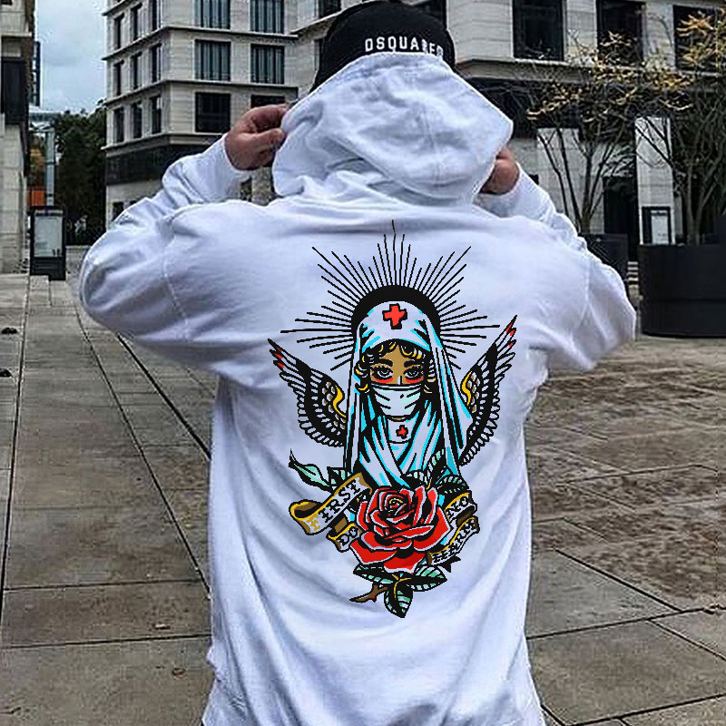 FIRST DO Rose Nun with Wings Regious White Print Hoodie