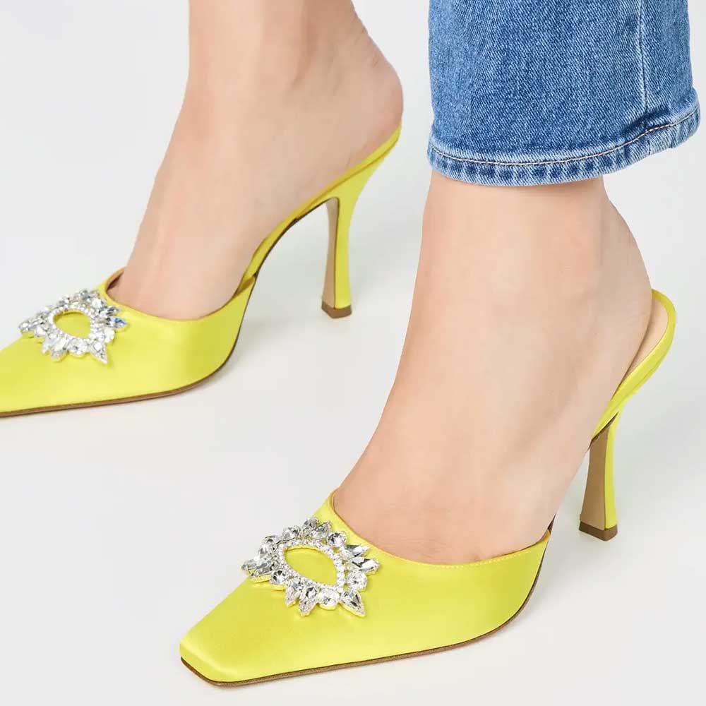 Yellow Square Toe Crystal Embellished Spool Heel Mules Shoes