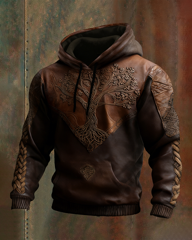 Men's Viking Celtic Pattern Embroidered Zip-Up Hooded Leather Jacket1849