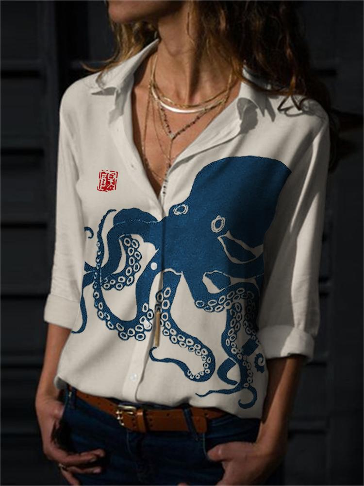 Japanese Octopus Art Painting Blouse