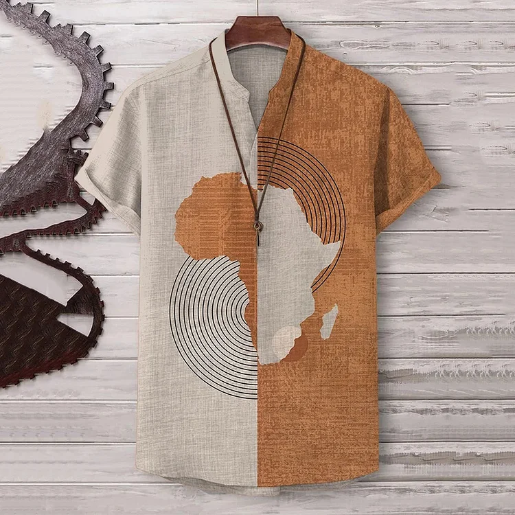 Men's Africa Map Colorblock Geometric Art Linen Blend Cozy Shirt
