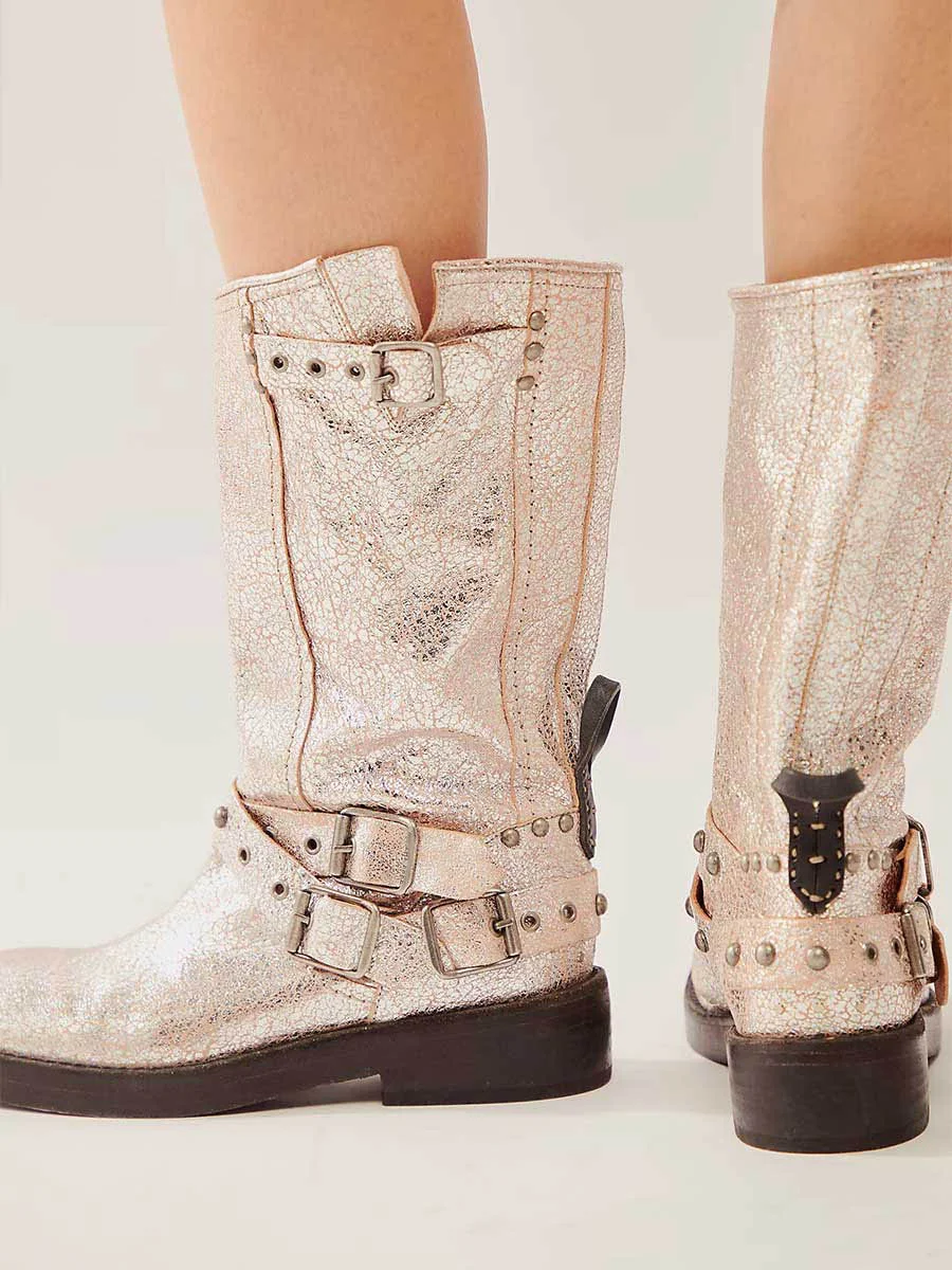 Pink Metallic Finish Glittery Distressed Chunky Heel Western Boots
