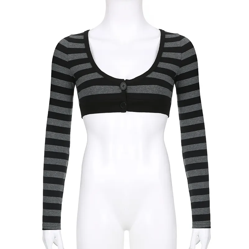 STRIPED U-NECK LONG SLEEVE CROP TOP