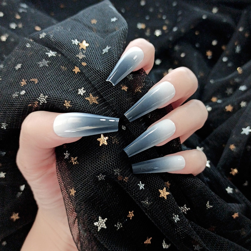 Fake nails with designs coffin artificial nails tips overhead with glue ...