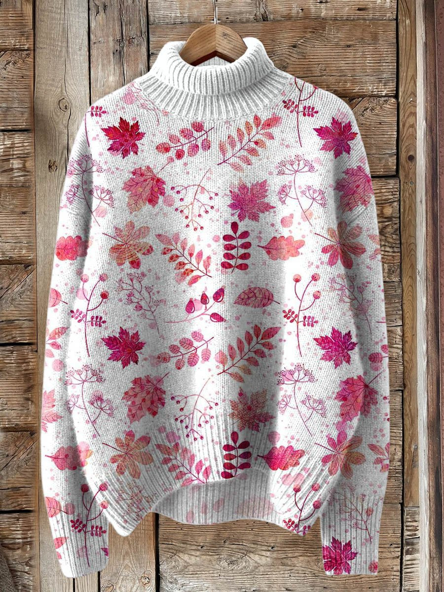 Vintage Lovely Fall Leaves Art Print Knit Turtleneck Pullover Sweater