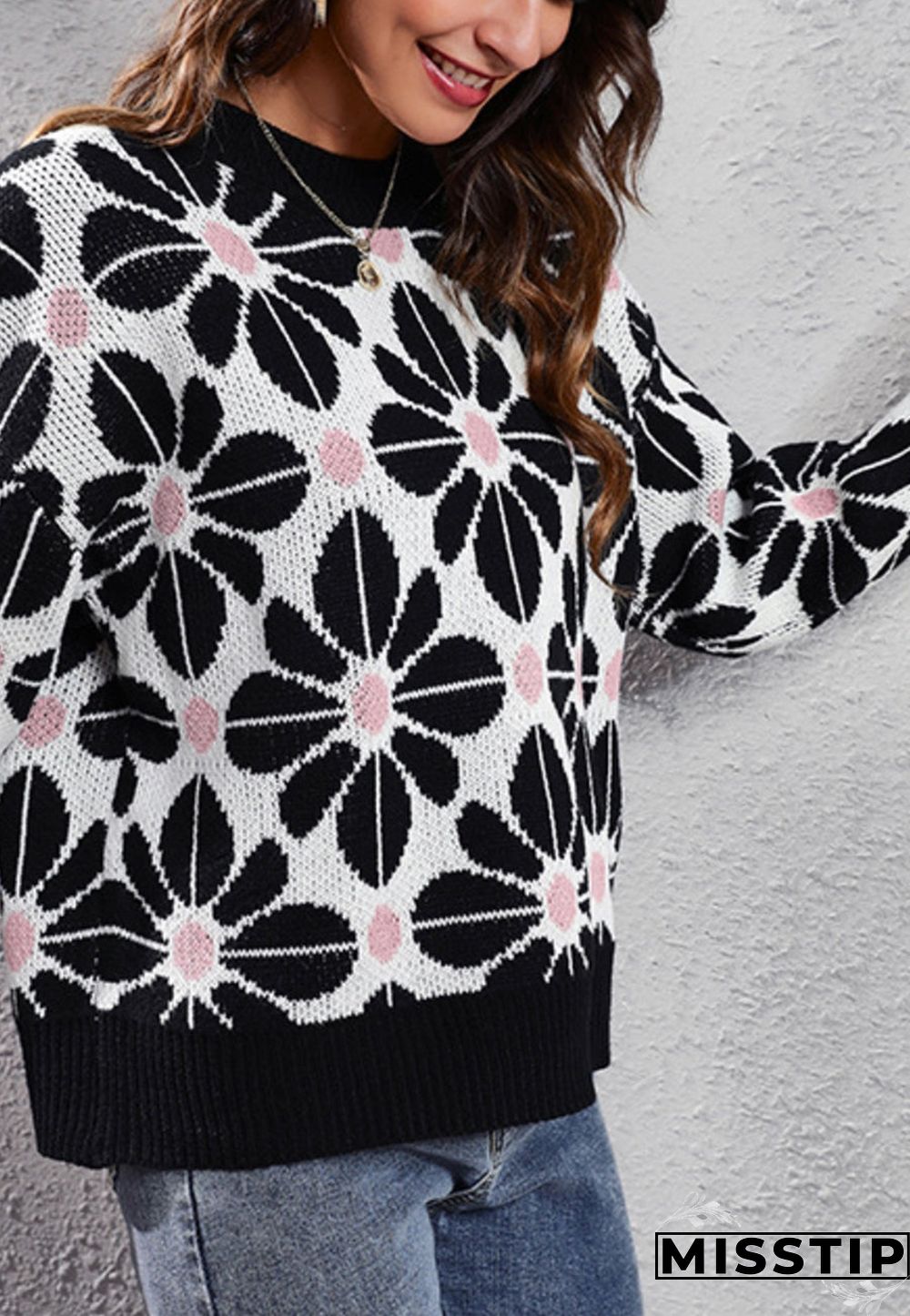 Geometric Floral Print Sweater - MissTip