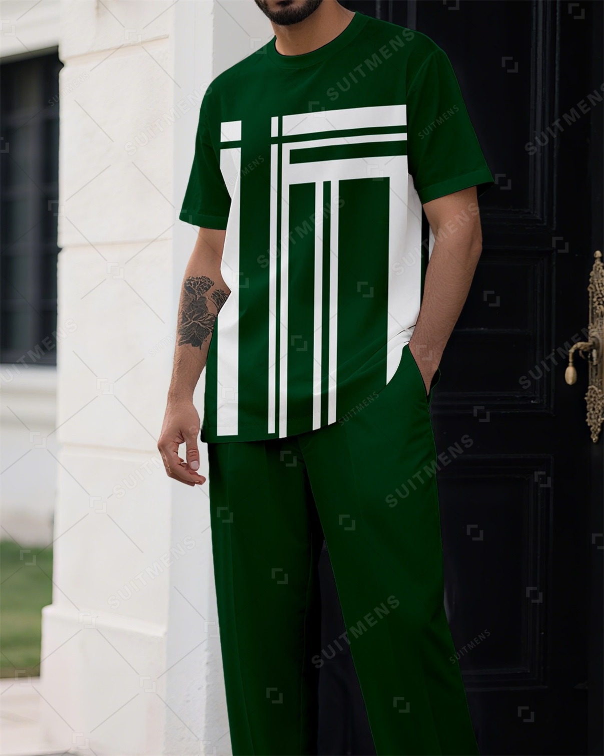 Men's Colorblock Printed Short Sleeve Casual Suit - 1586