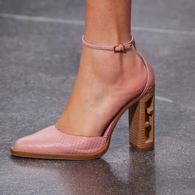 Qengg New Personality Hollow Wood Grain High-Heel Leather Sandals Retro Special-Shaped Heel ...